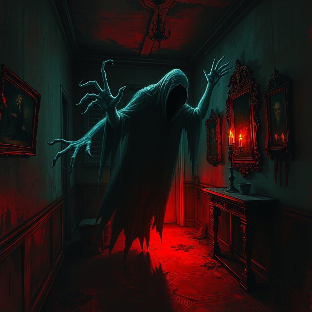 In the decrepit, Victorian mansion's depths, a ghostly, ethereal shadow ...