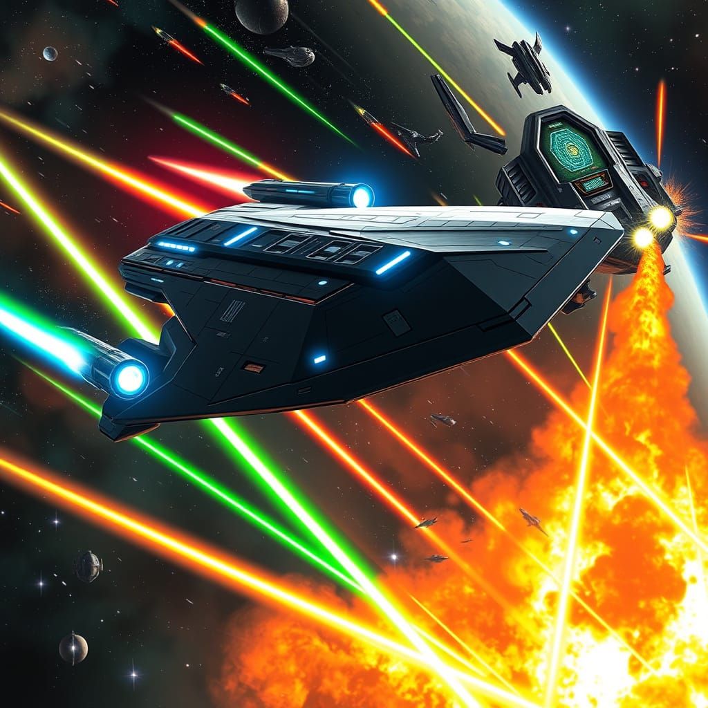 ```prompt Federation starship engaged in battle, futuristic space ...