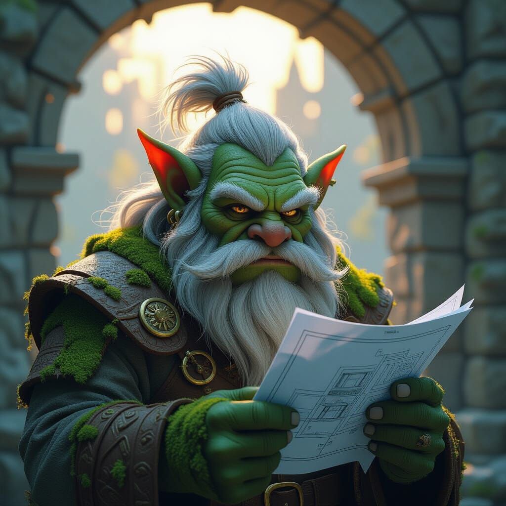 Moss Troll Examines Bridge Plans: Fantasy Illustra... - AI Art