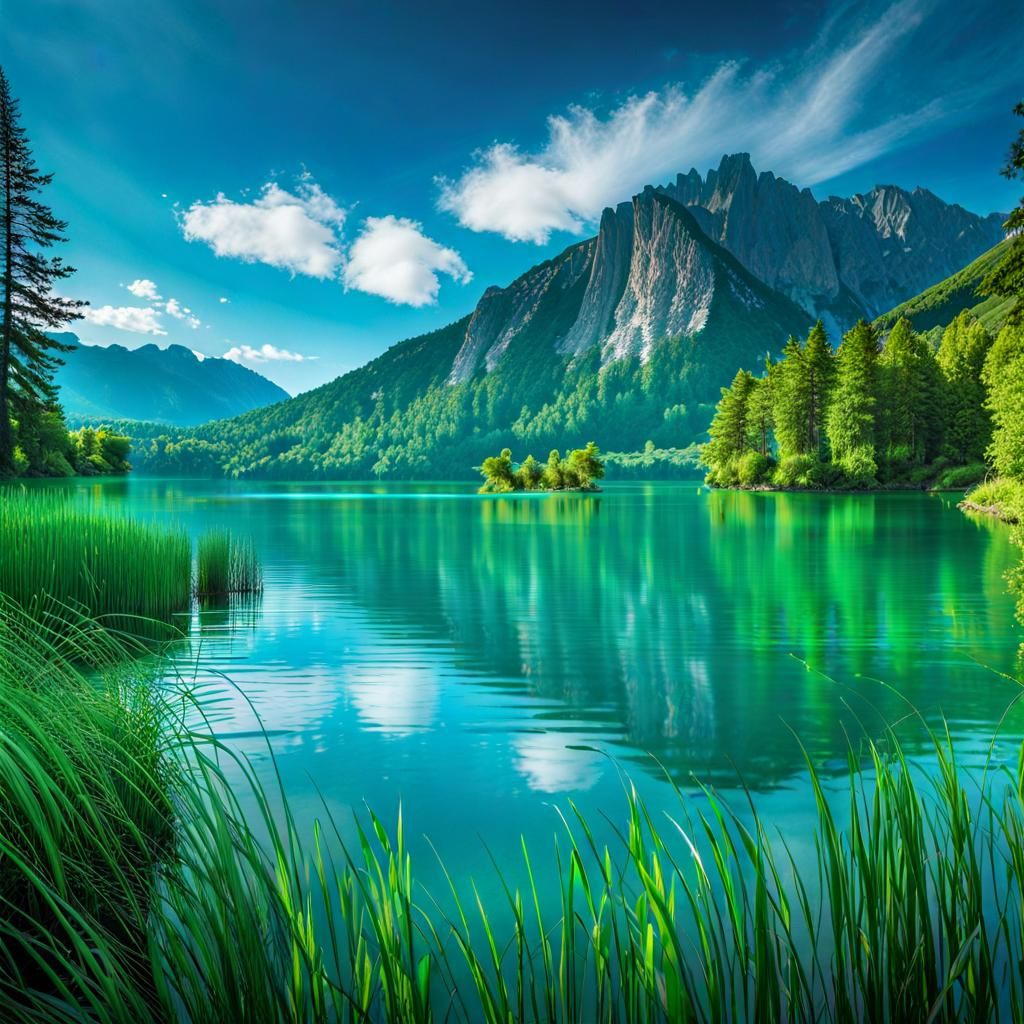 HD photo of an emerald green lake in its natural surroundings. The lake ...