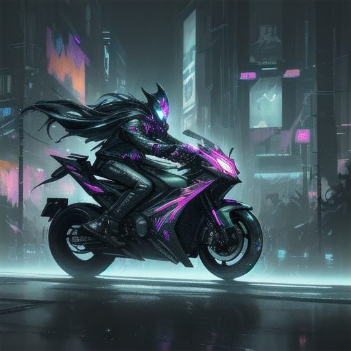 Cyberpunk Wizard Rides Futuristic Motorcycle - AI Art