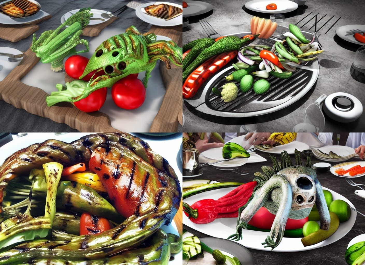 Grilled alien served with fresh vegetables, photorealistic 8k, hyper ...