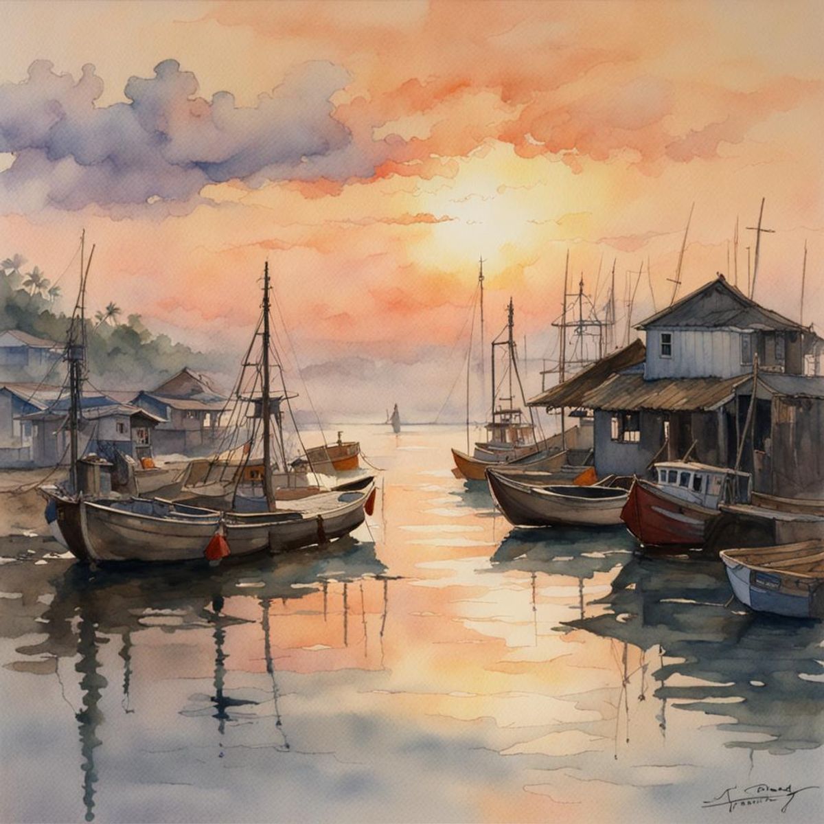 (dawn in a fishing village)watercolor - AI Generated Artwork ...