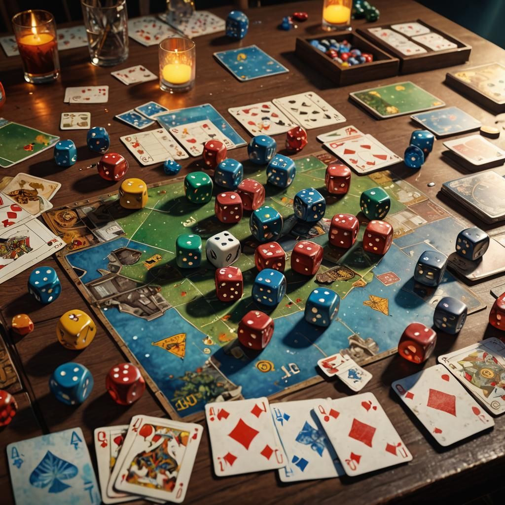 Board game ; dices and cards ; Miple ; in front of the table ...