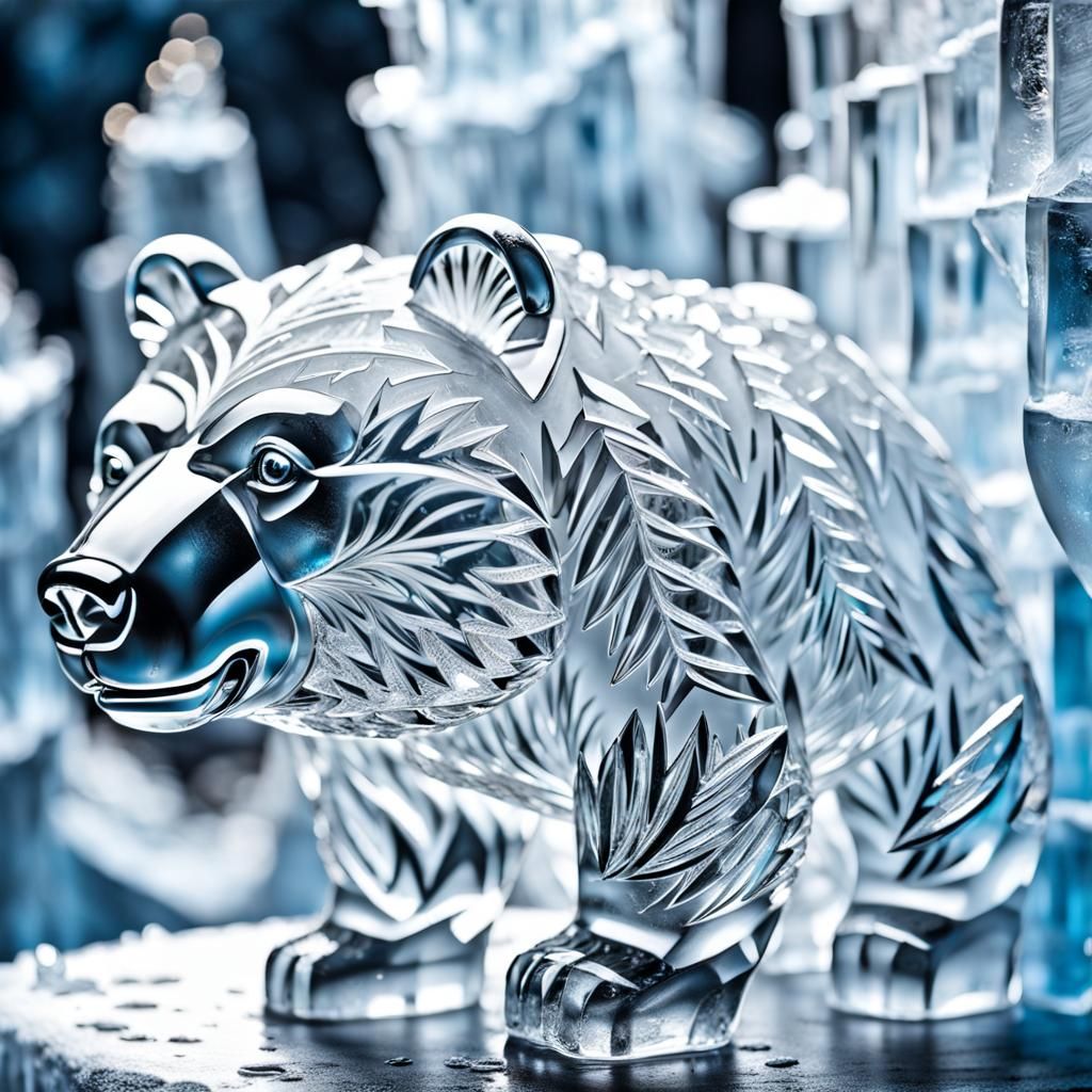 Amazing ice sculpture of a bear, intricate detail, perfect composition ...