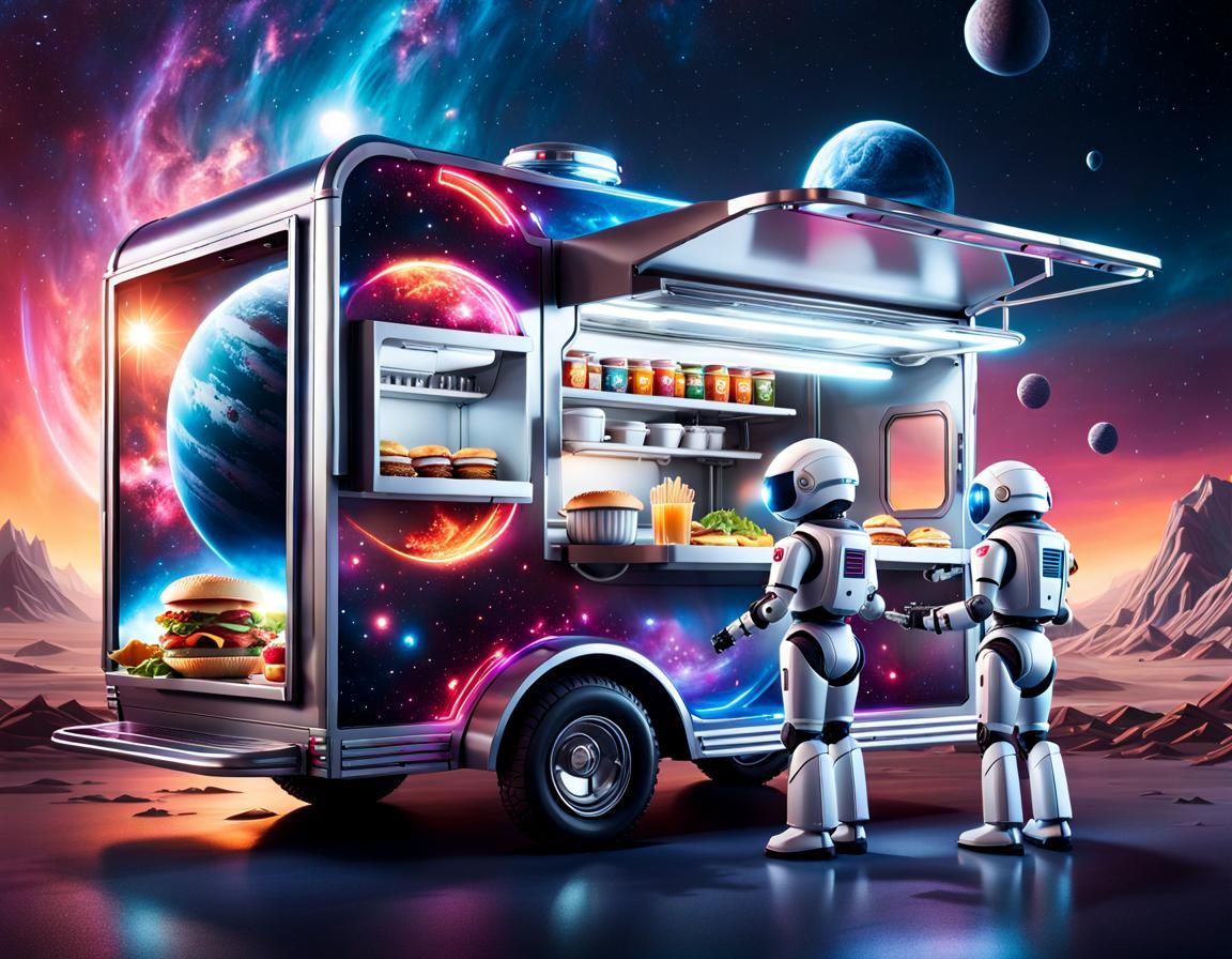 On a distant planet, in a futuristic science fiction food truck, with a ...