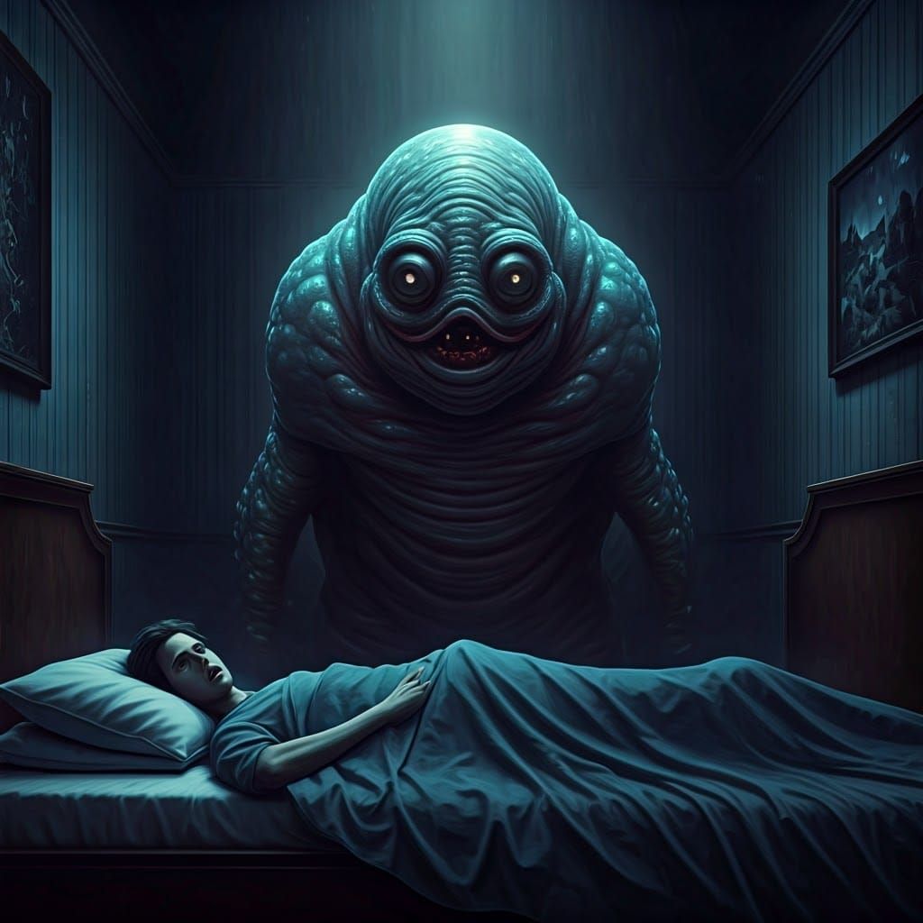Eerie Cryptid Emerges from Shadows in Dark Bedroom - AI Art