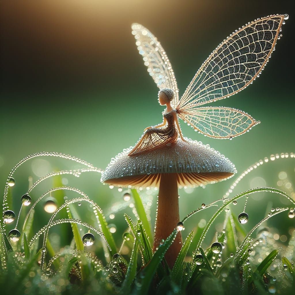 Macro photography of a tiny fairy sitting on a mushroom. Dew drops ...