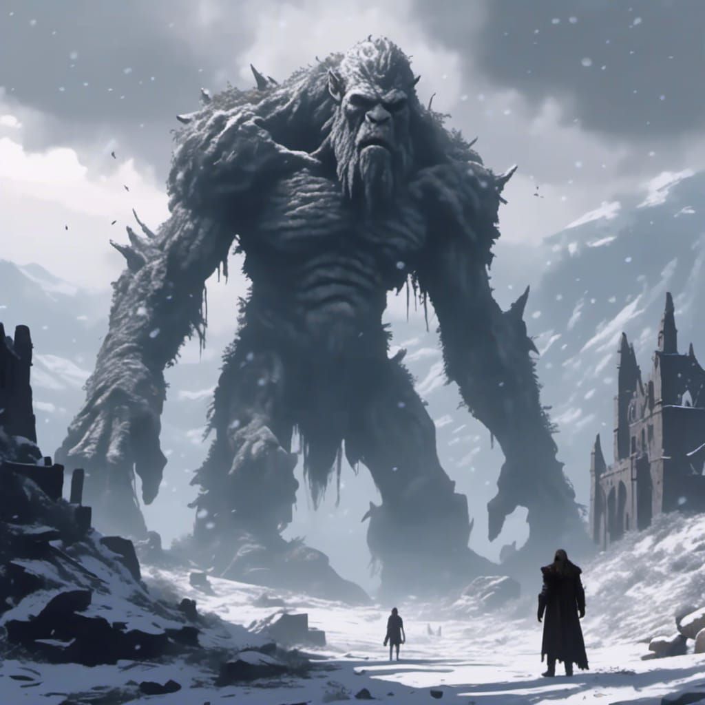 a giant creature that is standing in the snow, fantasy art, shot from ...