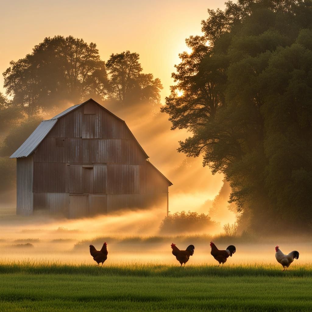 morning on the farm, sun rising, dew and light fog, old wood barn ...