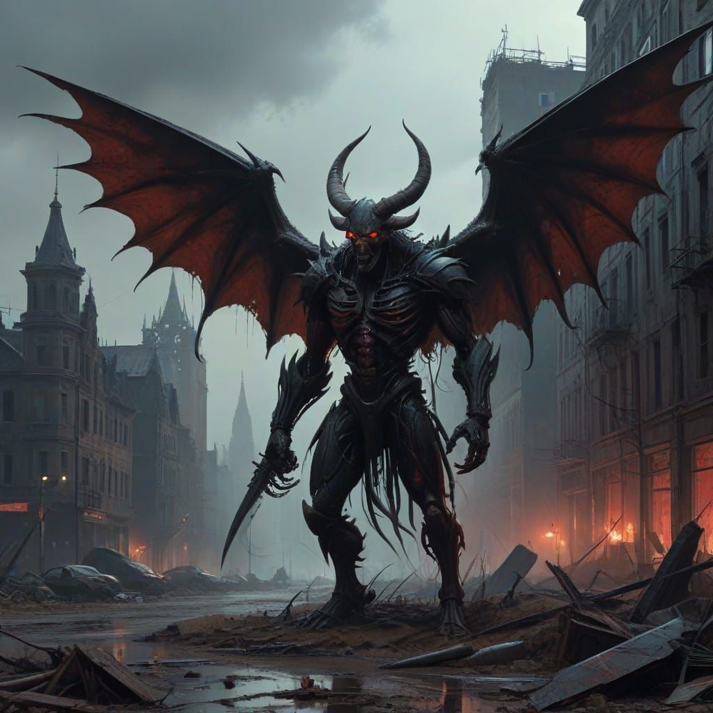 Grunge Demon Battles Dark Entity in Abandoned City... - AI Art