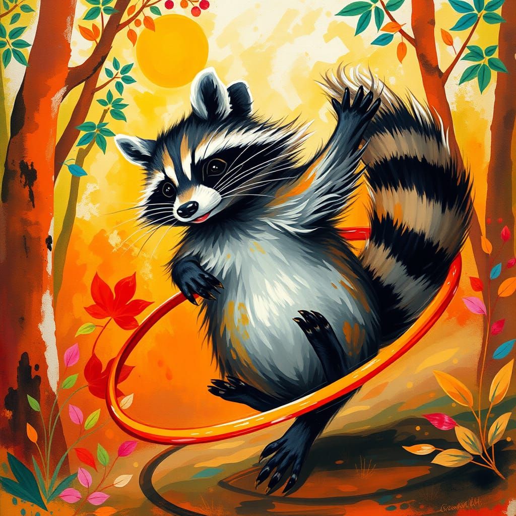 Hula Hooping Raccoon - Whimsical Raccoon in Vibrant Hula Hoo...