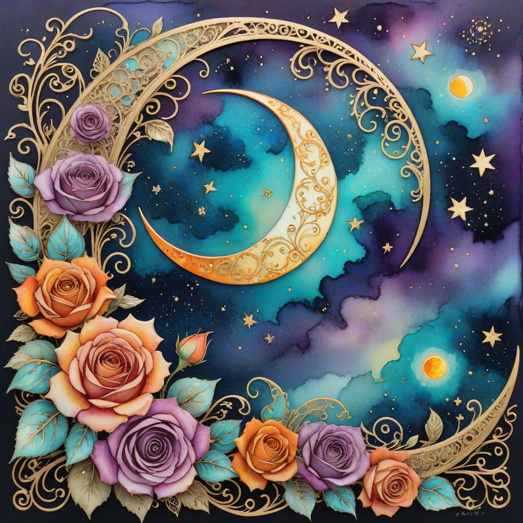 Vintage Rose Crescent Moon in a Dreamy Night Sky - AI Art