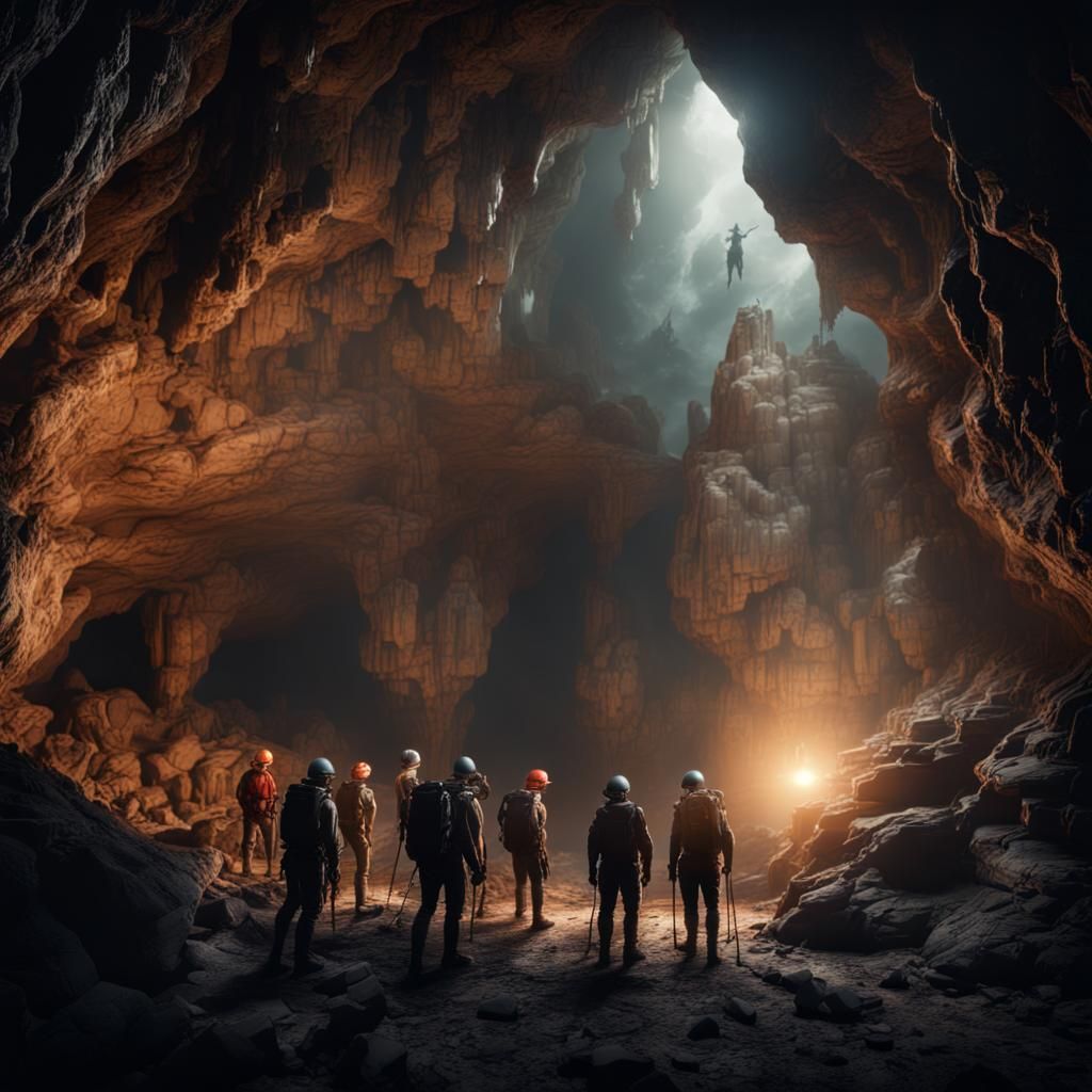 caving in a deep cave with head torches to show the way - AI Generated ...