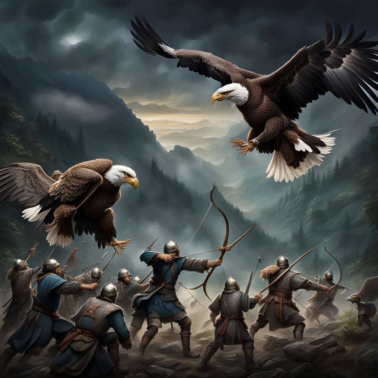 The eagles attack and the men defend with bow and arrow - AI Generated Artwork - NightCafe Creator