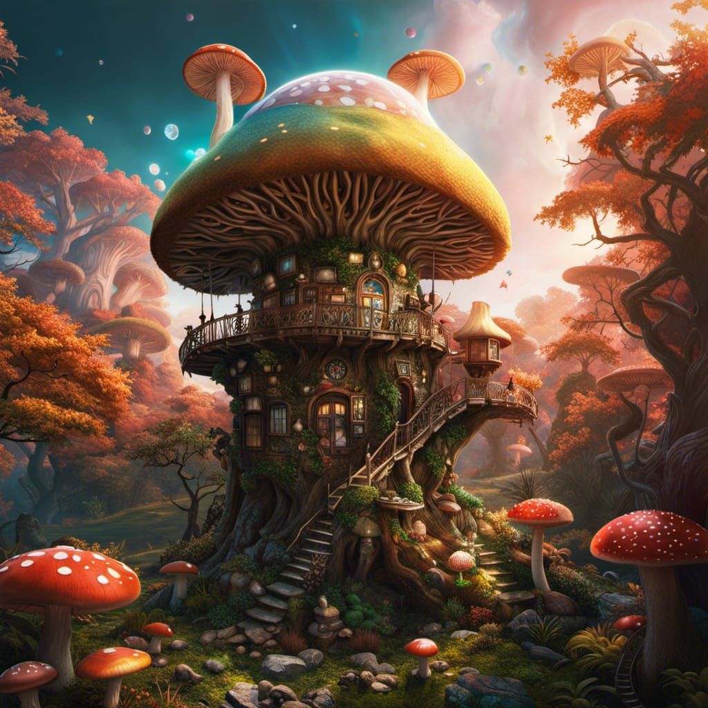 Magical Mushroom Treehouse - AI Generated Artwork - NightCafe Creator