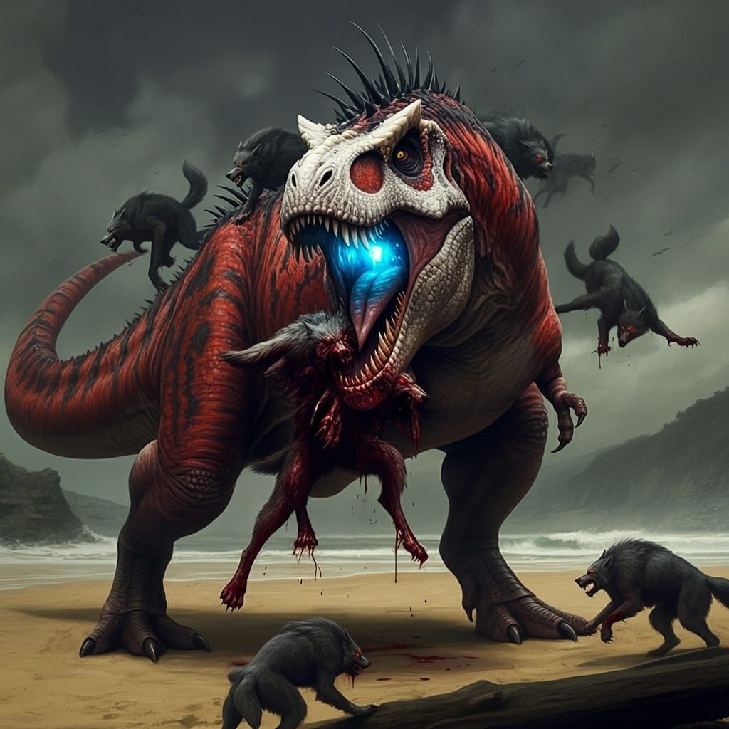Mutated T-Rex in Dark, Gothic Landscape - AI Art