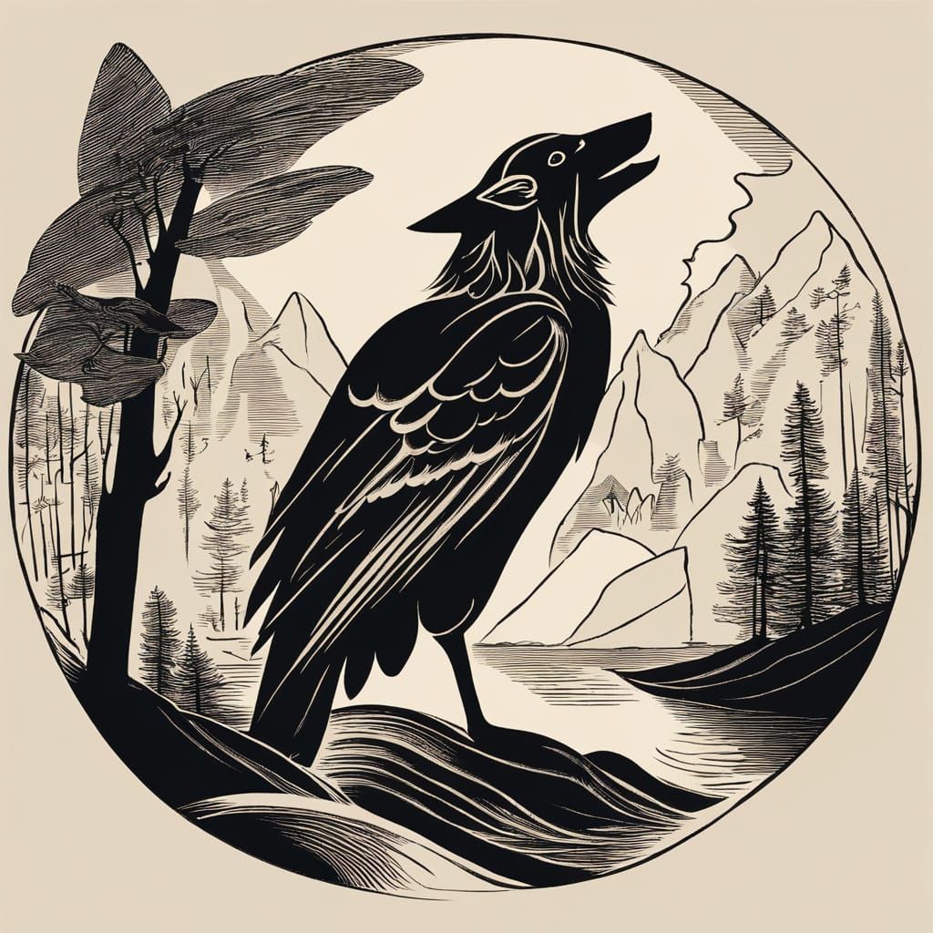 Mysterious Landscape with Wolves and Crows in Baro... - AI Art