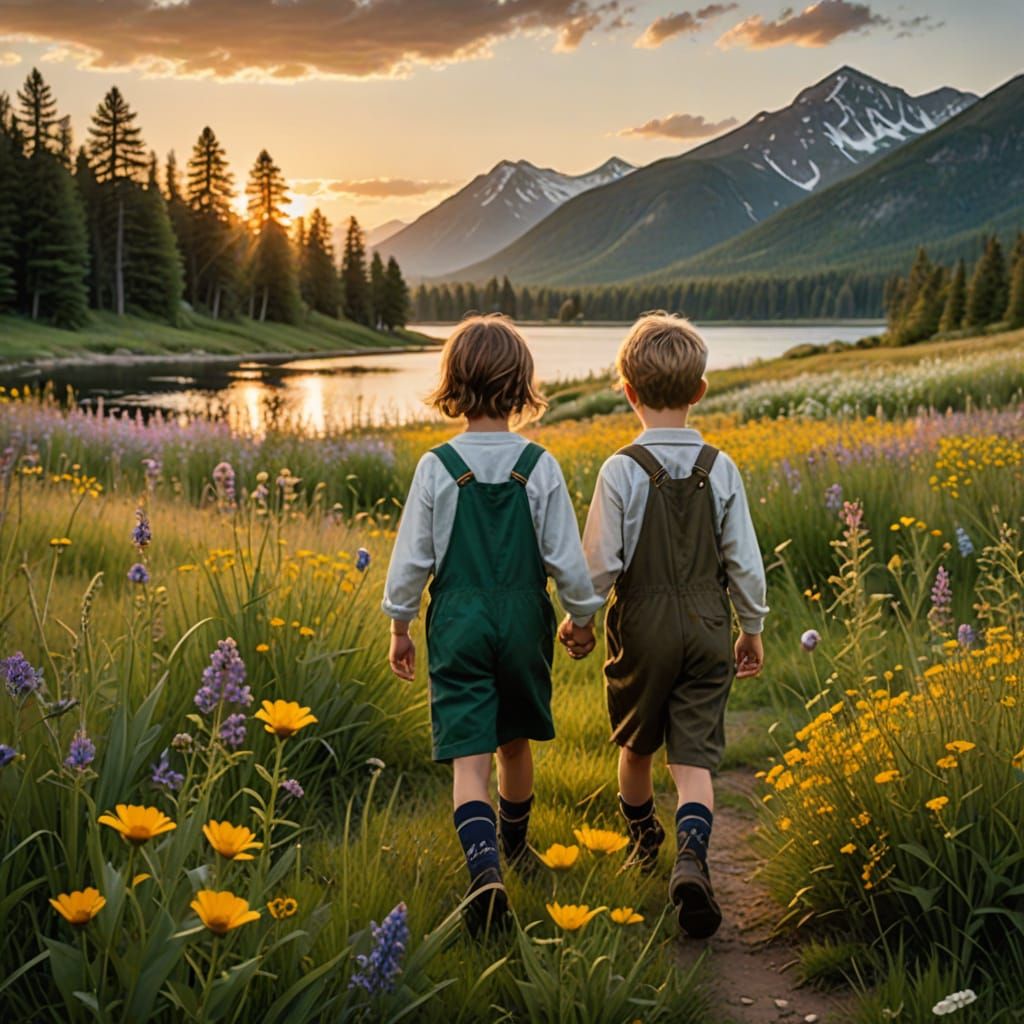 Serenic Sunset Meadow Scene with Joyful Children a... - AI Art