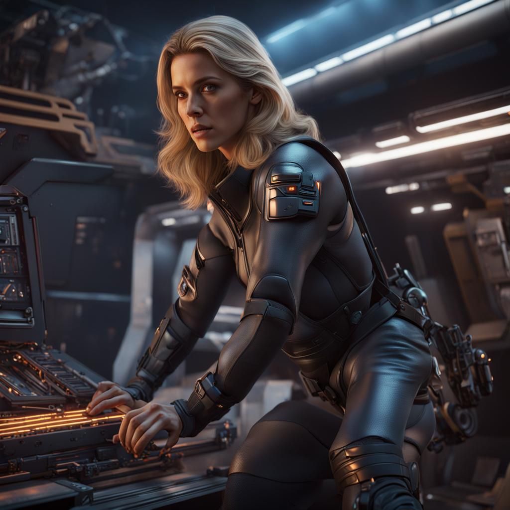 Bionic woman working on outside of black night shuttle - AI Generated Artwork - NightCafe Creator