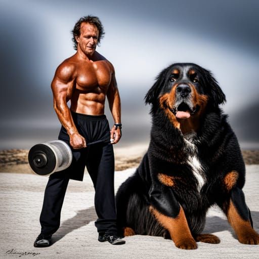 Bernese mountain dog with a body builder body posing with Arnold ...