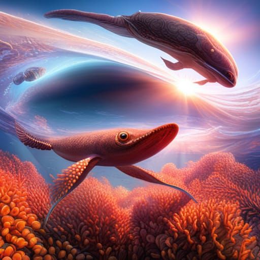 "Photorealistic Image, Ancient sea creature awakening amidst a coral ...