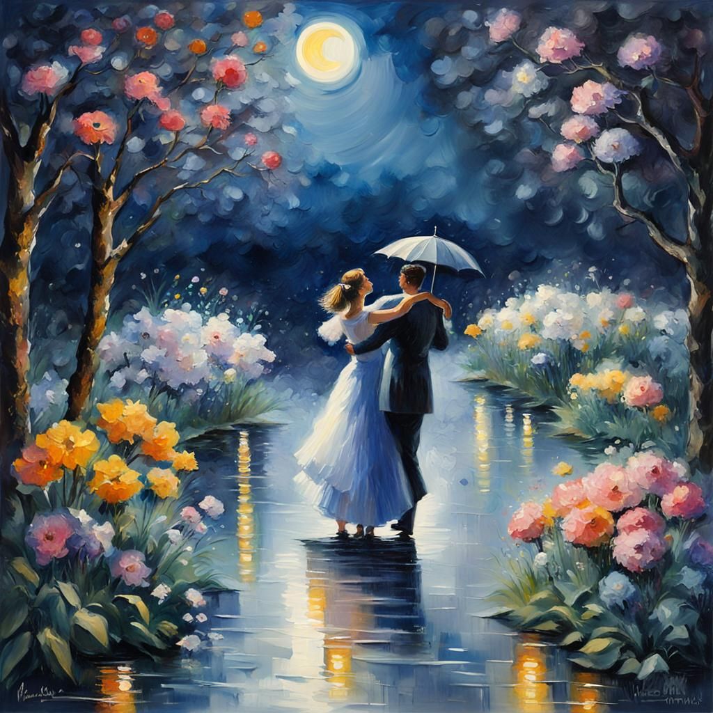 moonlight, flowers, silver, rain, dancers - AI Generated Artwork - NightCafe Creator