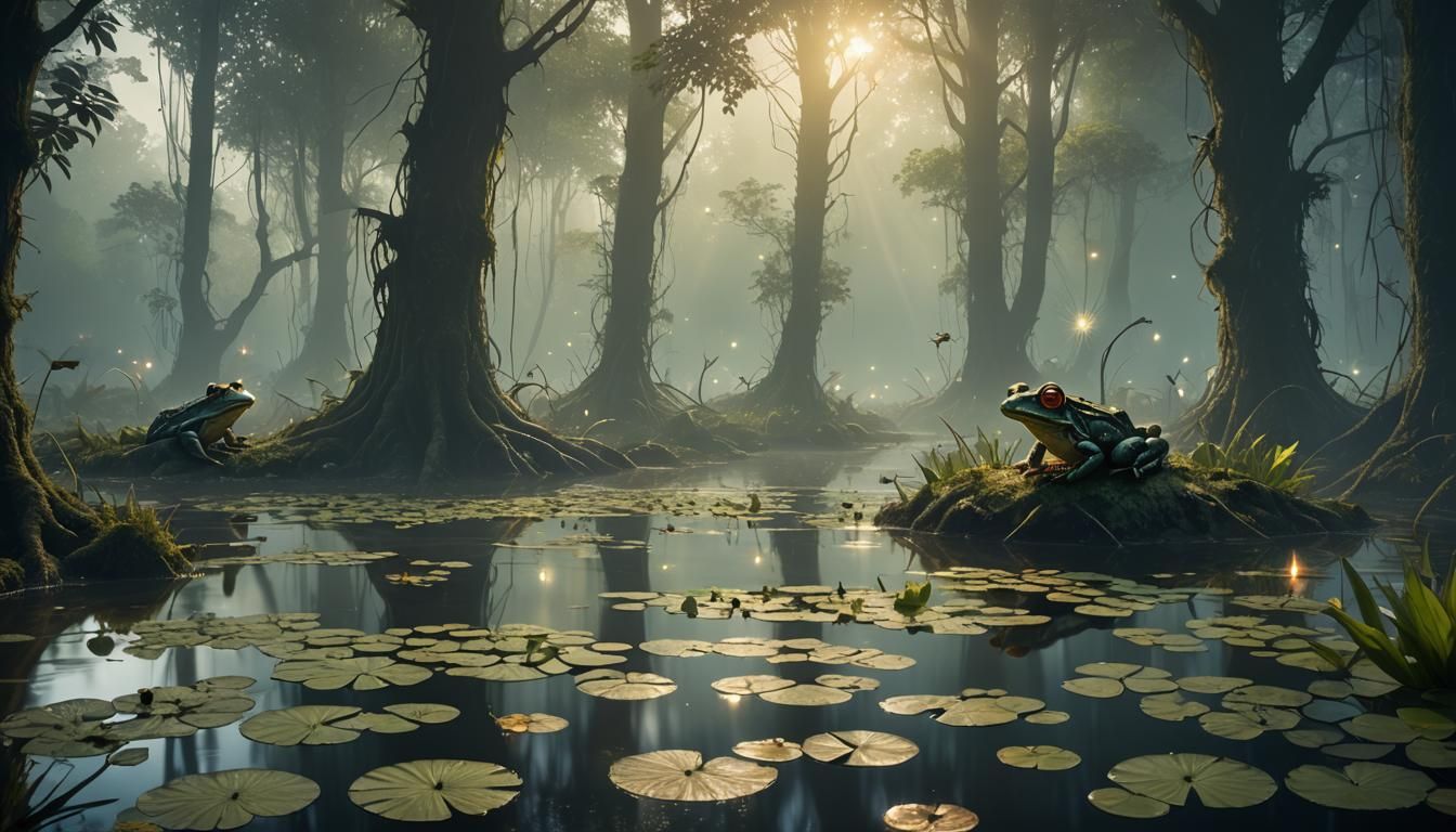 fireflies in foggy heavenly ethereal fantasy woodland. Demonic frogs ...