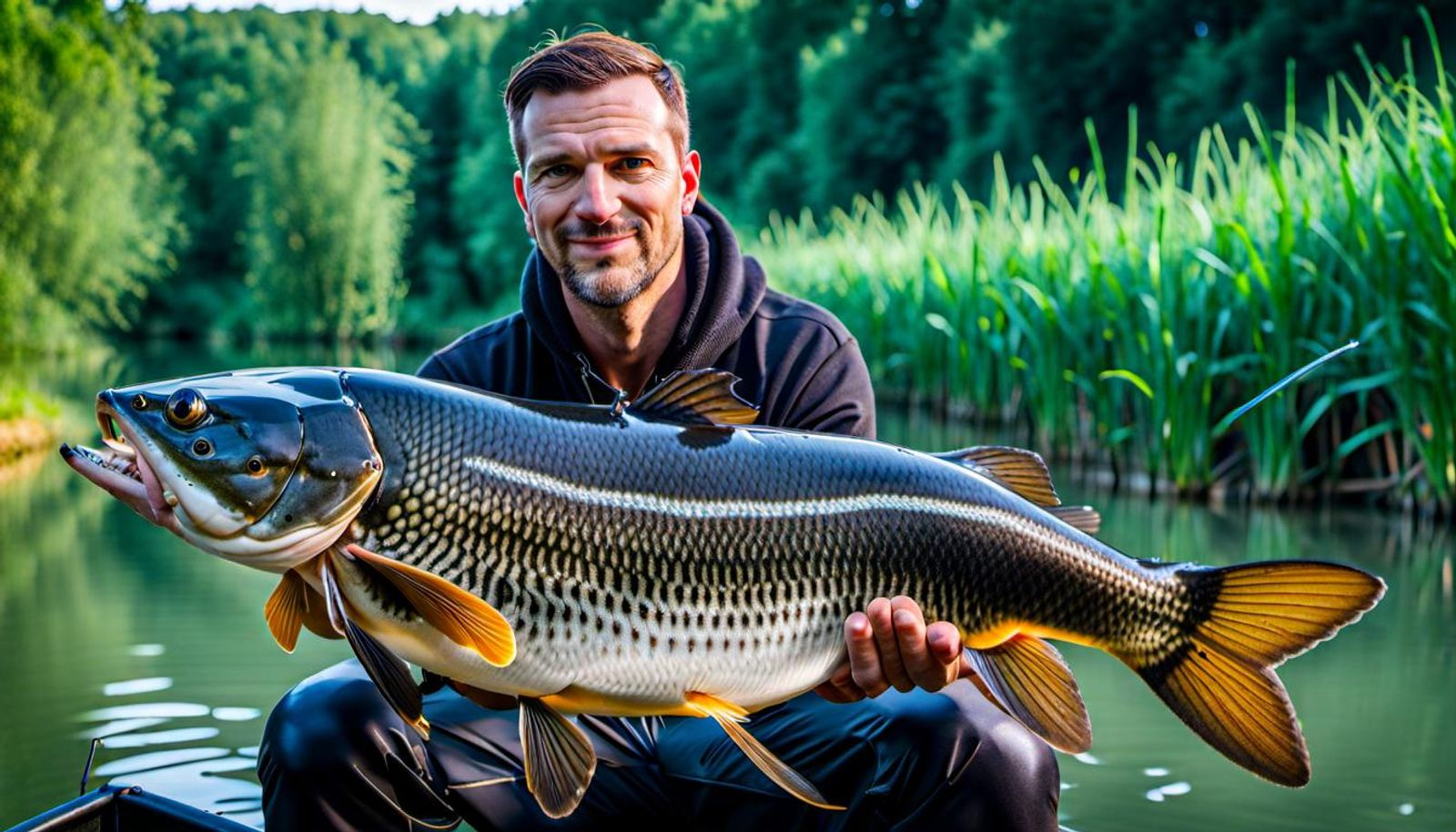 Closeup portrait young European fisherman Catfish, professional ...