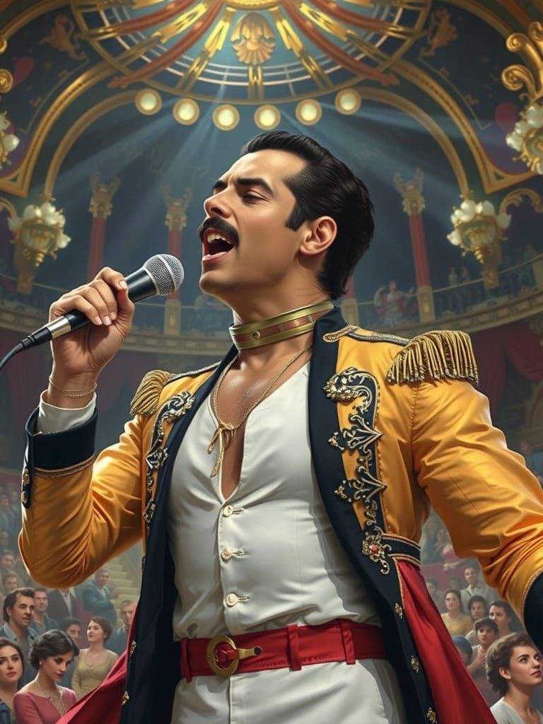 Freddie Mercury, singing, Opera House, rendered in... - AI Art