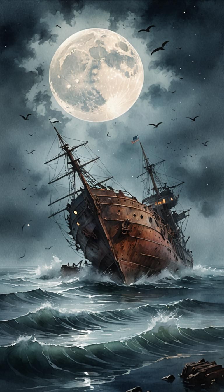 A 200-year-old wrecked, rusty ship tilted adrift in a misty lagoon