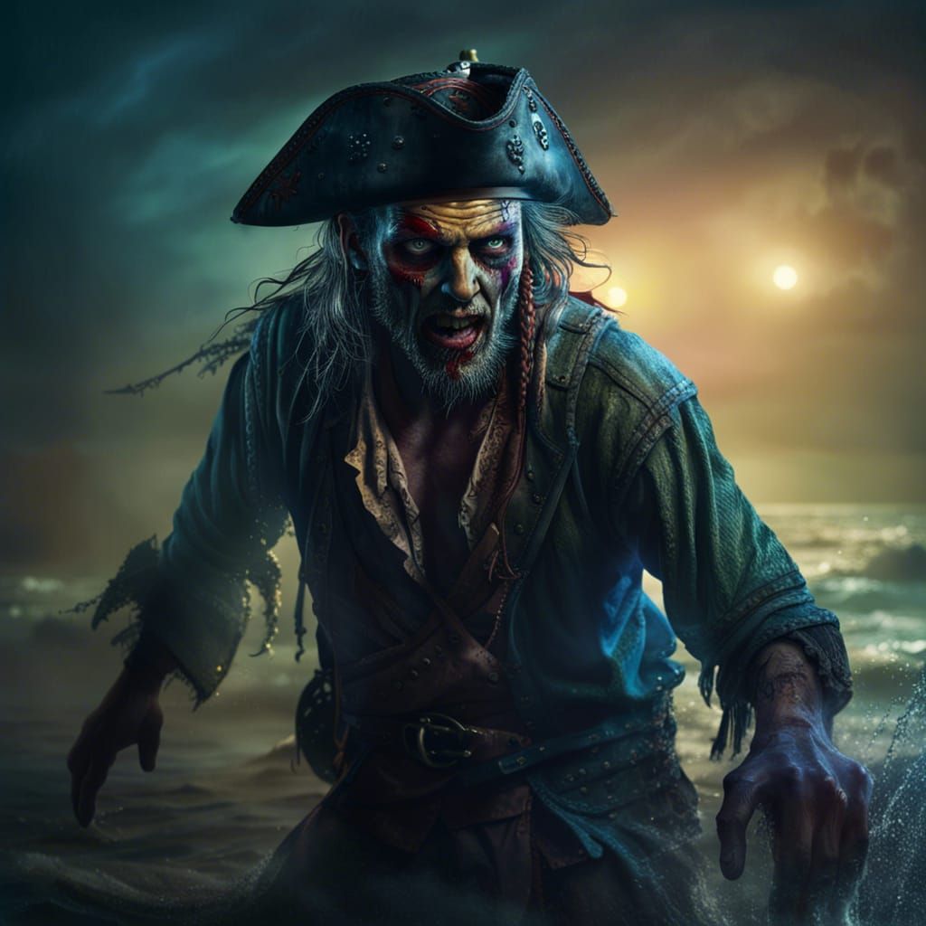 scary zombie pirate walking out of the ocean on a stormy foggy night ...