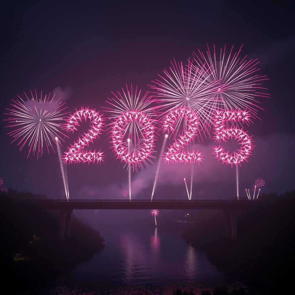 Vibrant New Year Countdown Fireworks over Bridge - AI Art