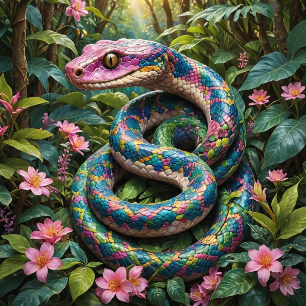 Imagine a hyper-detailed, vibrant snake with large, expressive eyes and ...