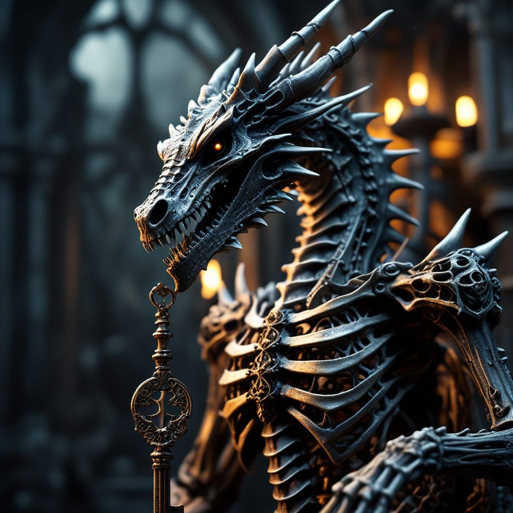 Dragon-Bone-Key - Dragon's Skeletal Form Holds a Glowing Key...