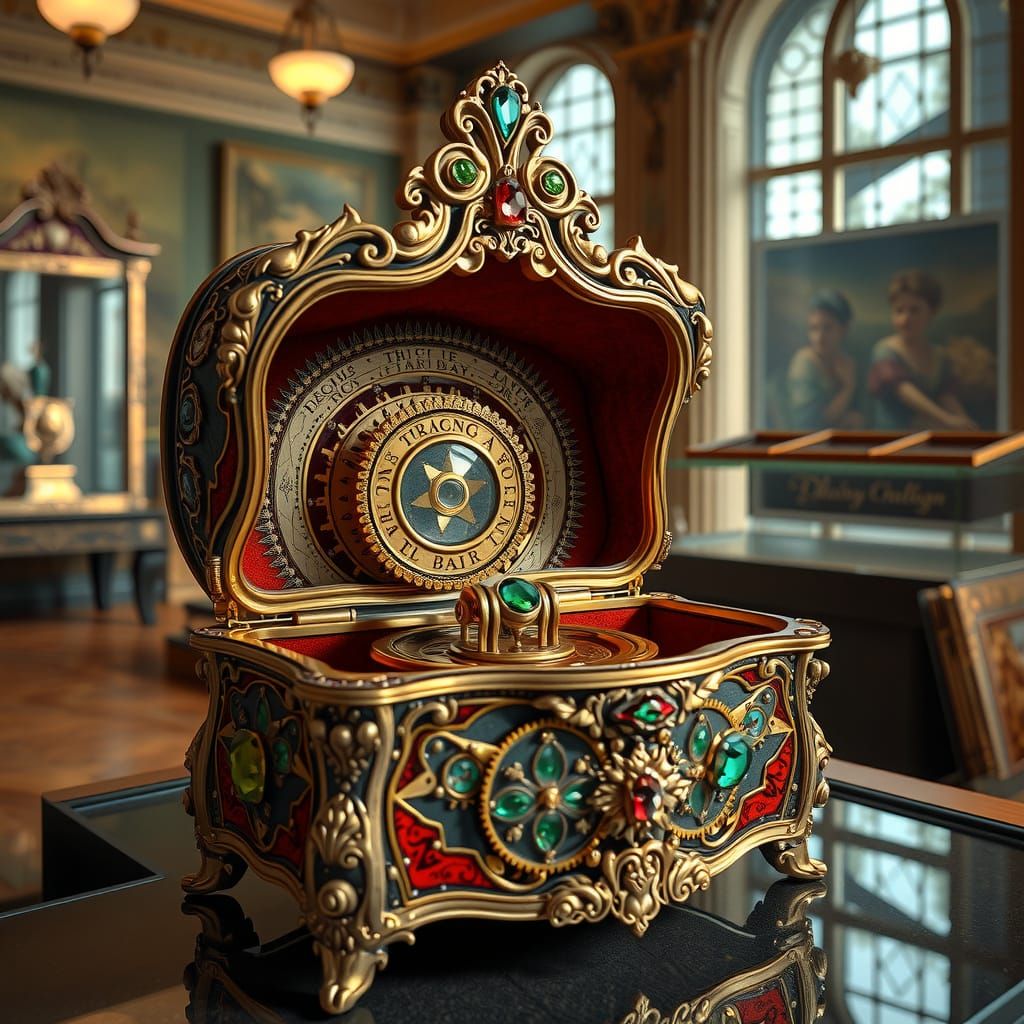 a stunning hyper-detailed illustration of an ornate antique music box ...