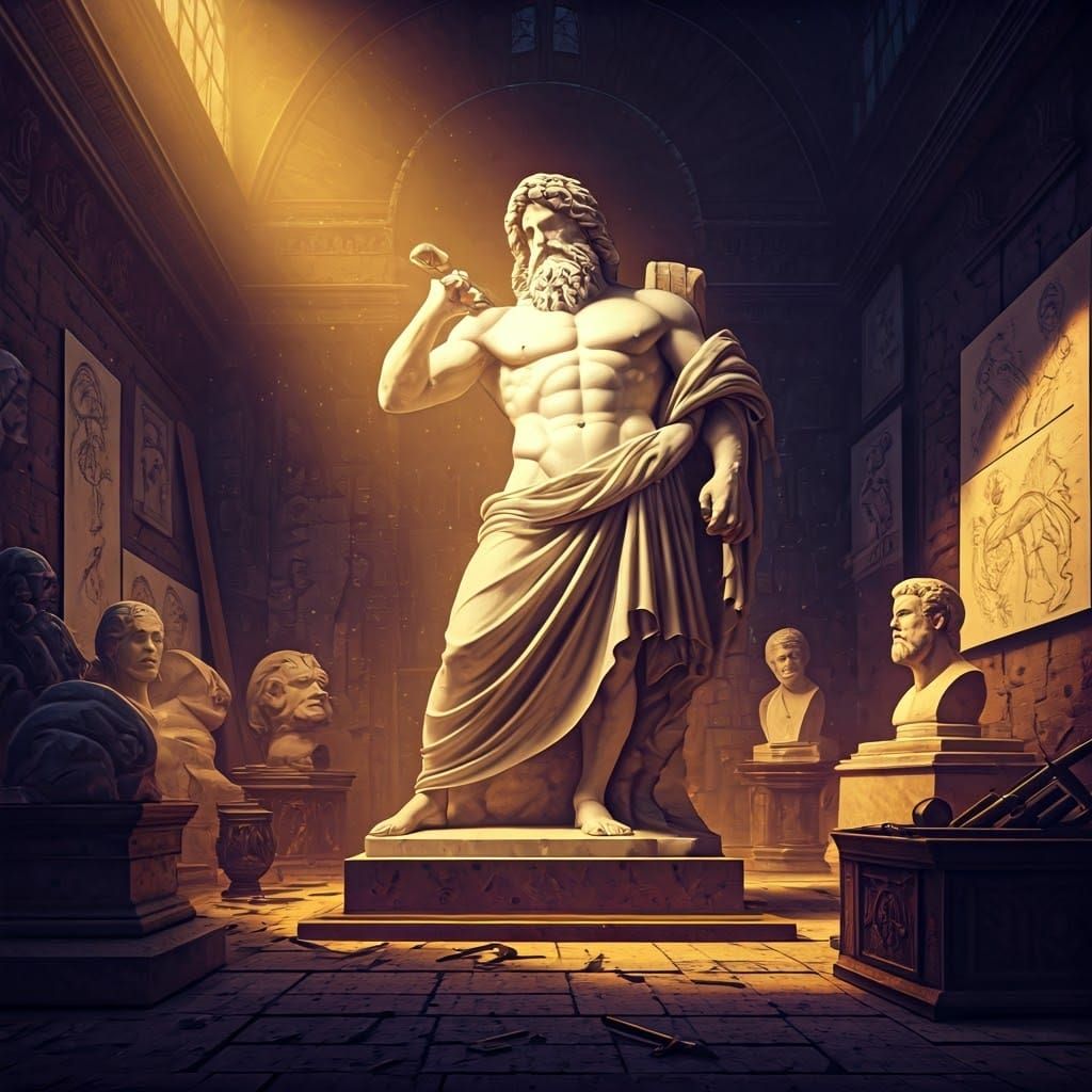 Ancient Greek Sculptor Crafts Zeus in Dimly Lit St... - AI Art