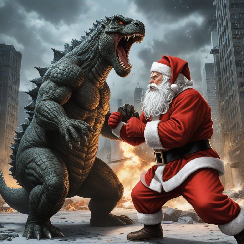 Santa Claus fighting godzilla - Santa Claus Battles Godzill...