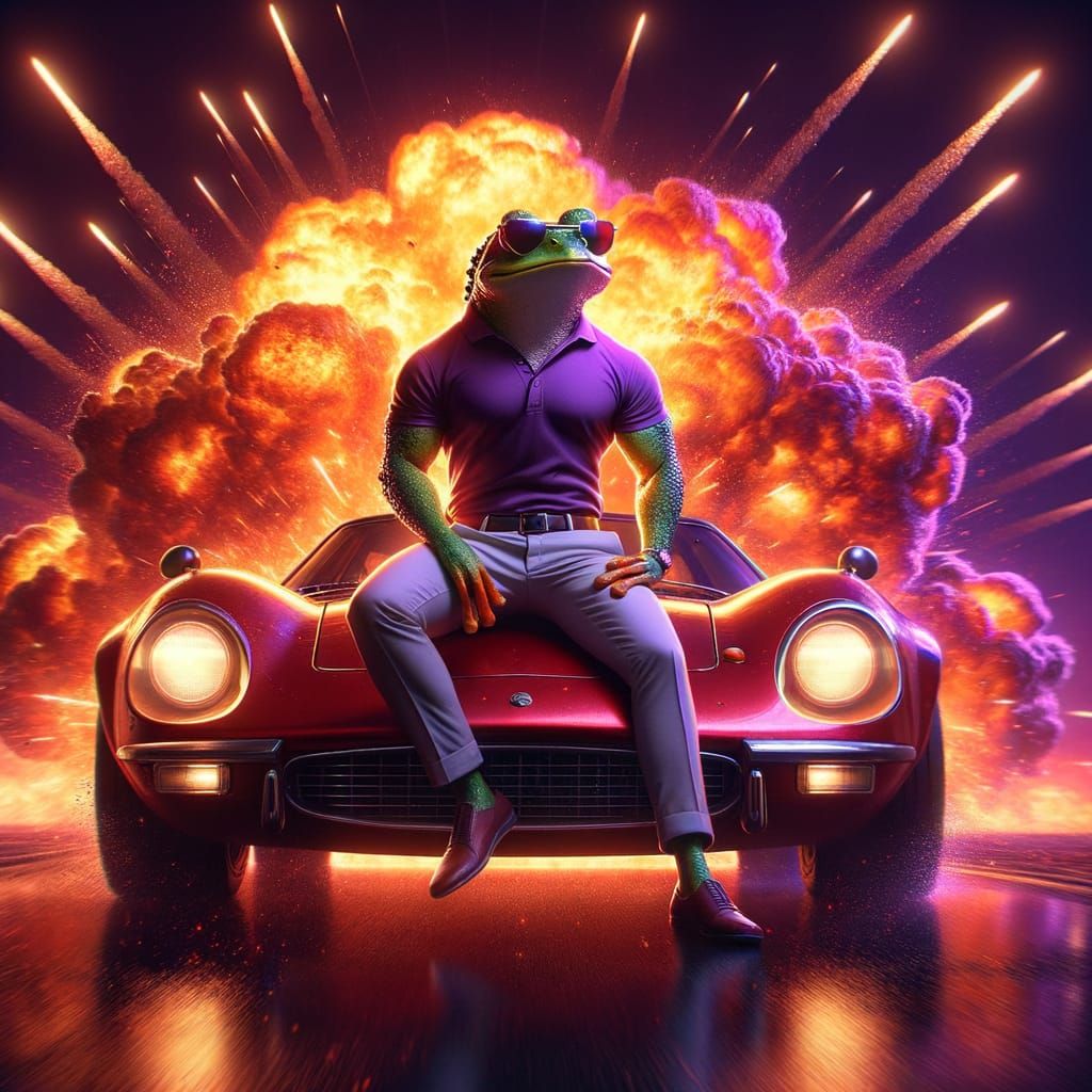 Pepe the frog, muscular. Wearing a polo and sunglasses while driving a ...