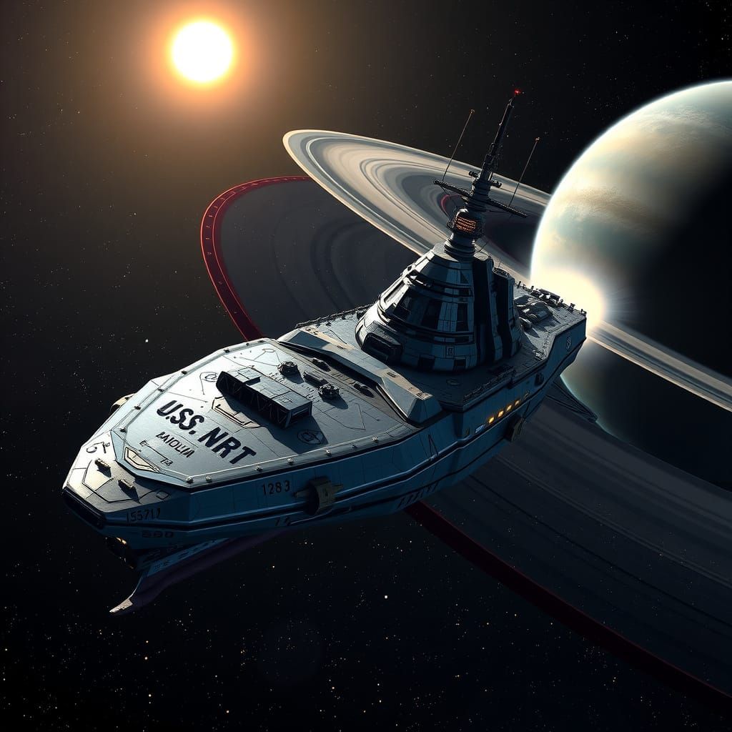 Sleek Star Battleship Departs Saturn Space Dock in... - AI Art