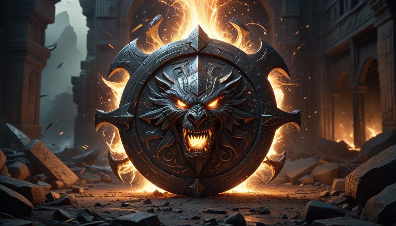 A monstrous shield takes center stage, its grotesque face frozen in a ...