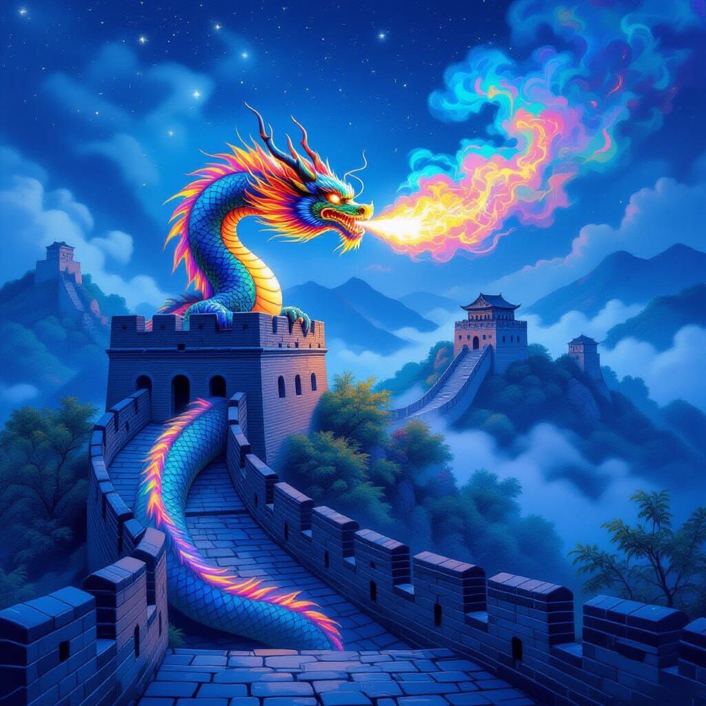 Bioluminescent Dragon Enchants Great Wall: Epic Im... - AI Art