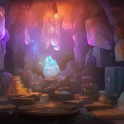 crystal shop, magic glowing gems, crystal geodes, crystals, stones ...