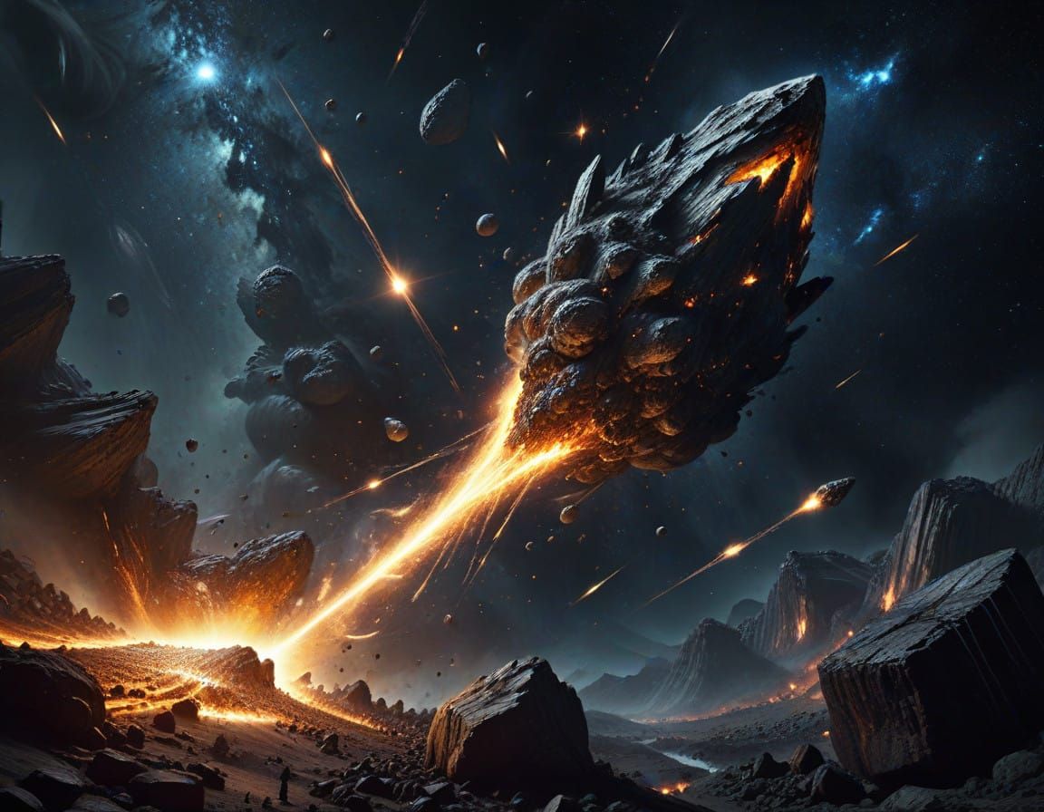 Epic Starborn Metallic Meteorites Plunge Toward Da... - AI Art