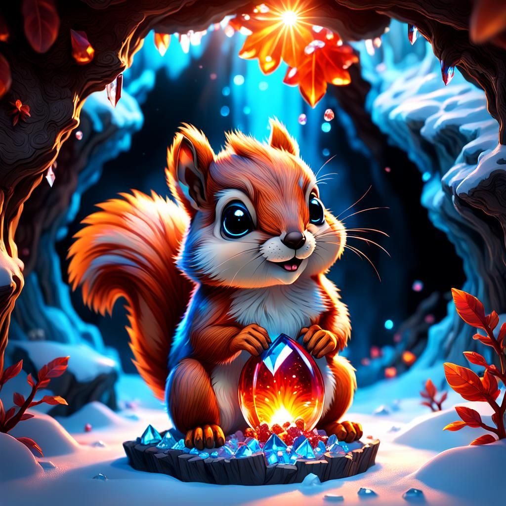 A cute miniature chibi cgi orange and blue baby squirrel sitting by a ...