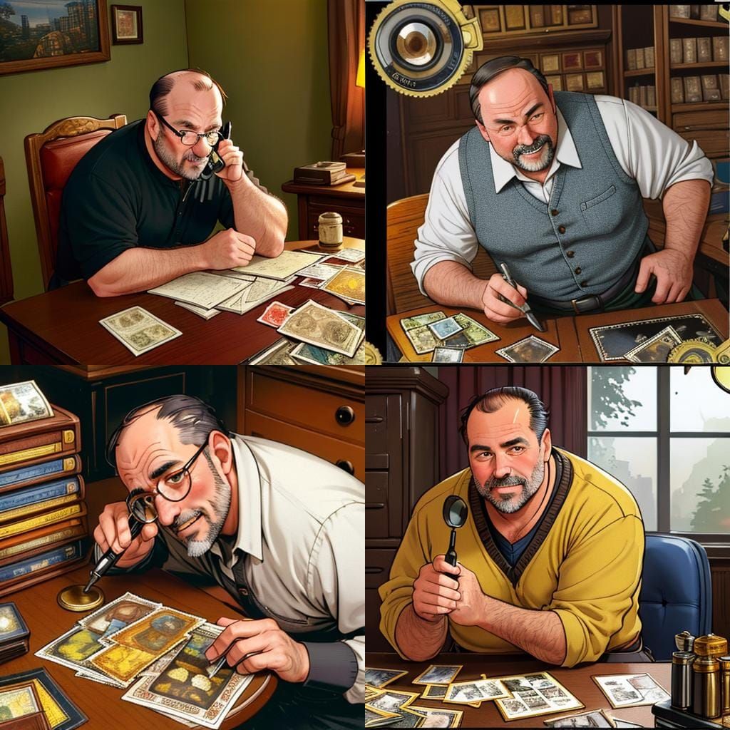 A middle aged man, dumpy, balding, holding a magnifying glass and ...