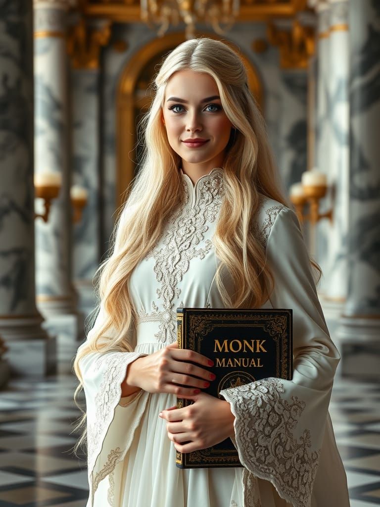 A regal princess with long, blonde hair. Her eyes are full of SOFTNESS ...