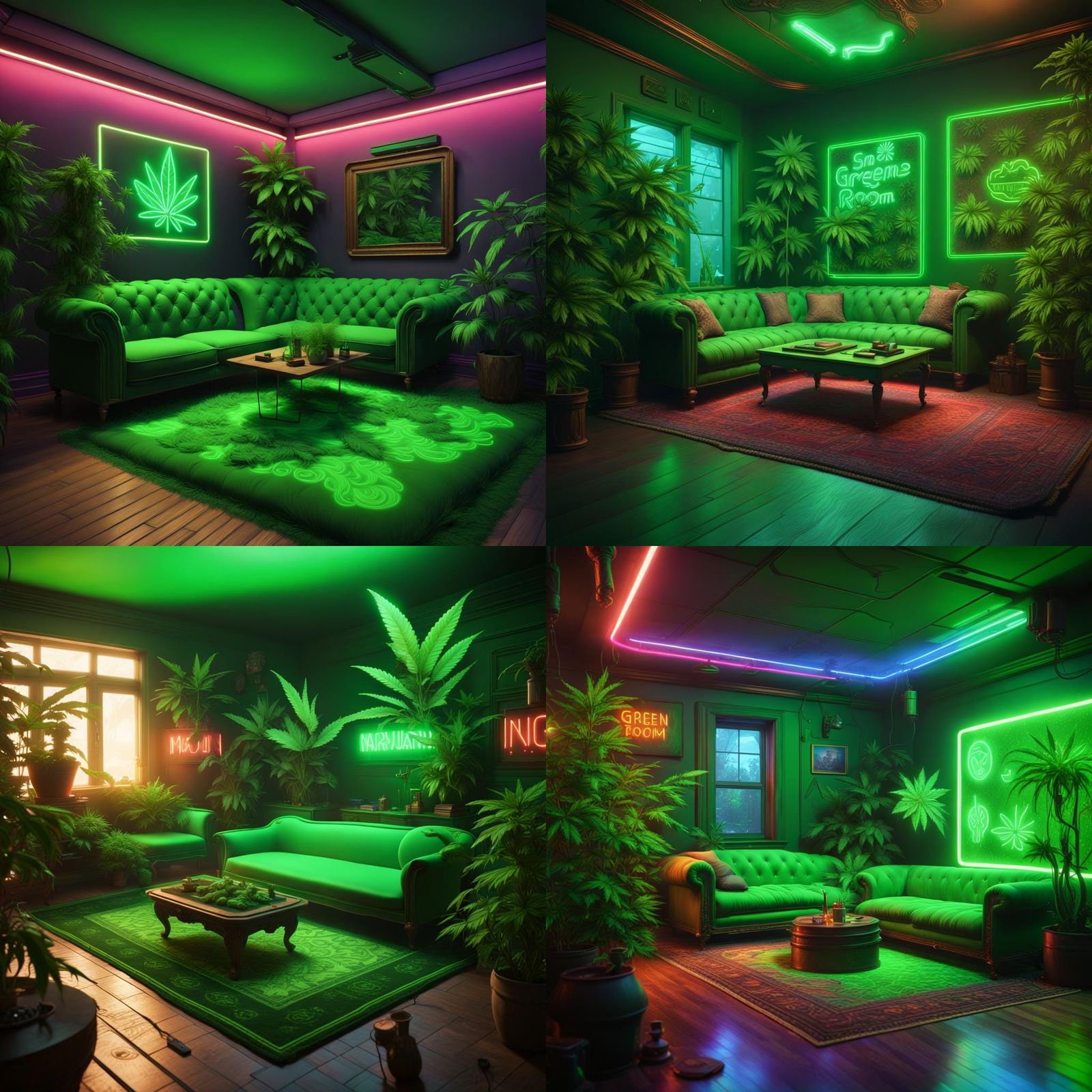 green room, marijuana smoking room, green couch, green rug, wooden ...