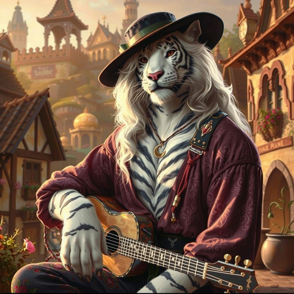 Cyberpunk Bard White Tiger Tabaxi Sits in Sunset T... - AI Art
