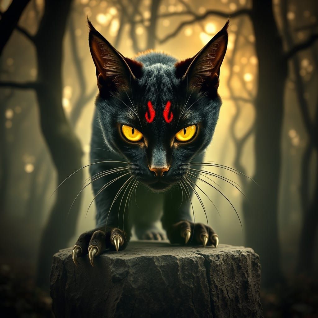 Hyper-Realistic Deathclaw Cat in Dark Forest - AI Art
